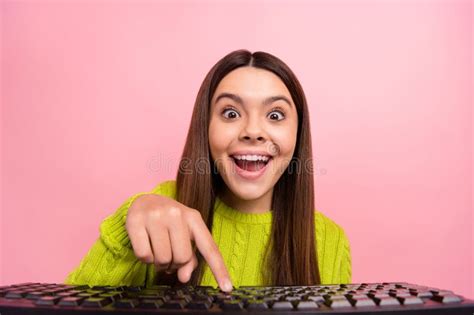 Photo Portrait Of Cute Young Girl Press Key Keyboard Type Funky Face Fooling Wear Trendy Green