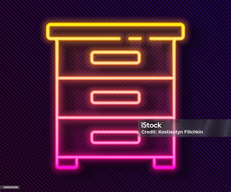 검은 색 배경에 격리 된 문서 아이콘과 빛나는 네온 라인 서랍 아카이브 서류 서랍 파일 캐비닛 서랍 사무용 가구 벡터 일러스트레이션 가구에 대한 스톡 벡터 아트 및 기타