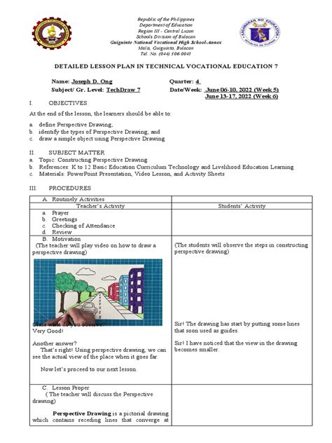 Lesson Plan In Constructing Perspective Drawing Q4 Week 5 And 6 Download Free Pdf