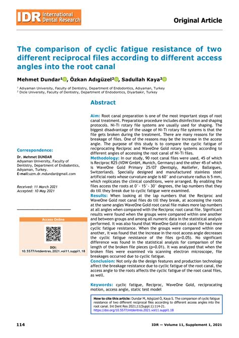 Pdf The Comparison Of Cyclic Fatigue Resistance Of Two Different Reciprocal Files According To