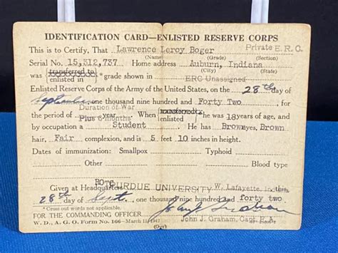 Wwii 1942 Identification Card Enlisted Us Army Reserve Corp Purdue