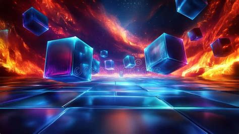 A Futuristic Scene With Glowing Cubes In A Cosmic Environment Stock Illustration Illustration