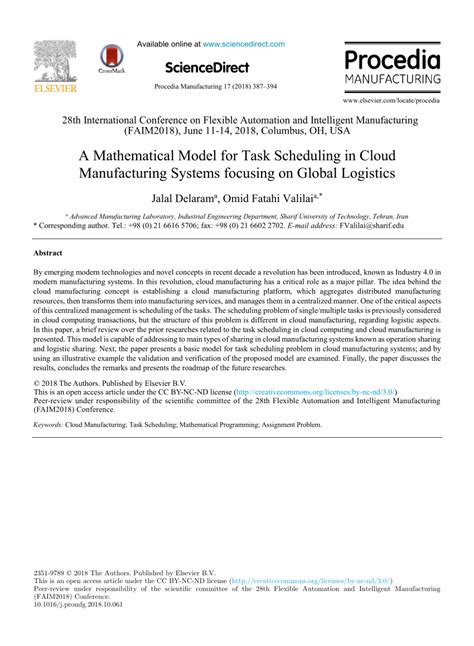 Pdf A Mathematical Model For Task Scheduling In Cloud Manufacturing Systems Focusing On Global