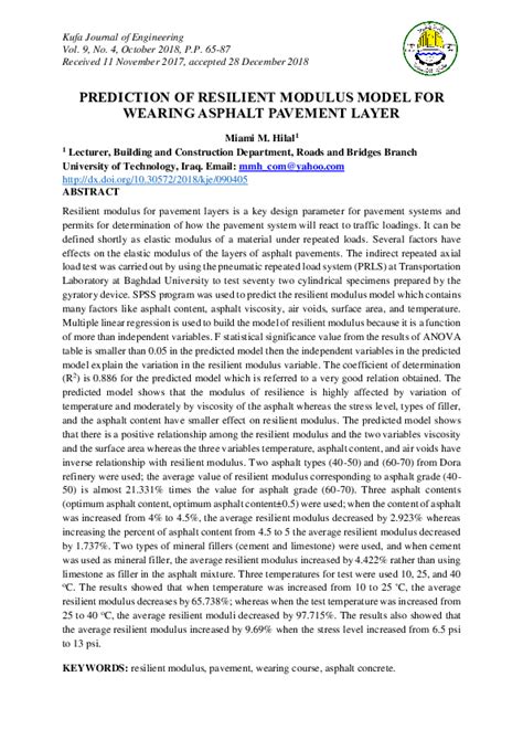 Pdf Prediction Of Resilient Modulus Model For Wearing Asphalt Pavement Layer