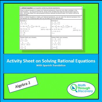 Alg Solving Rational Equations Activity Sheet By Math Through Discovery LLC
