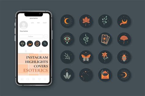 손으로 그린 인스타그램 하이라이트 Boho 스타일 세트 프리미엄 벡터