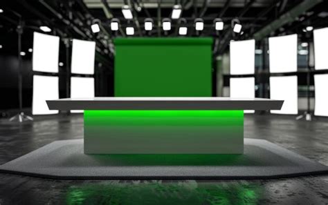 Broadcaster Table With Green Screen Background And Black Floor White Background Premium Ai