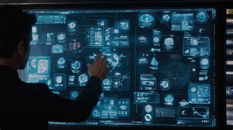 Man Interacting With Futuristic Holographic Interface Premium Ai