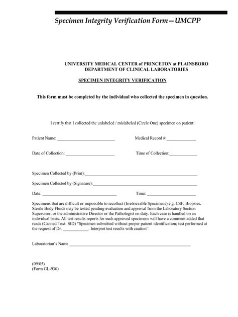 Fillable Online Specimen Integrity Verification Form Umcpp Fax Email
