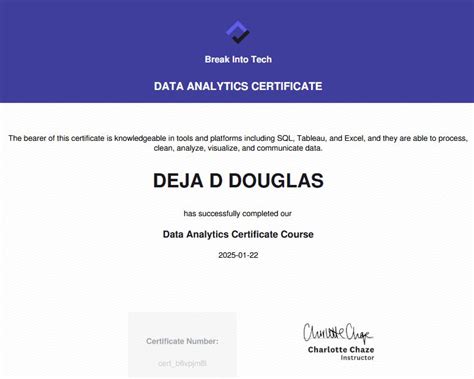📈 I Just Received My Data Analytics Certificate From Break Into Tech Deja Douglas