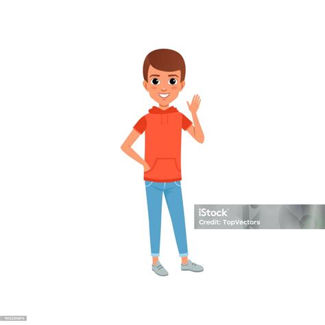 세련 된 캐주얼 의류에 귀여운 소년 캐릭터 주머니와 청바지와 T셔츠 후드 아이 포즈 웃 식 얼굴 및 손을 흔들며 만화 평면 벡터 T 셔츠에 대한 스톡 벡터 아트 및 기타