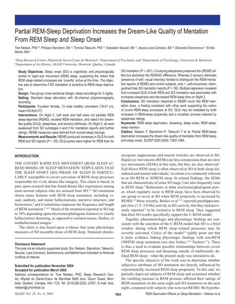 Pdf Partial Rem Sleep Deprivation Increases The Dream Like Quality Of