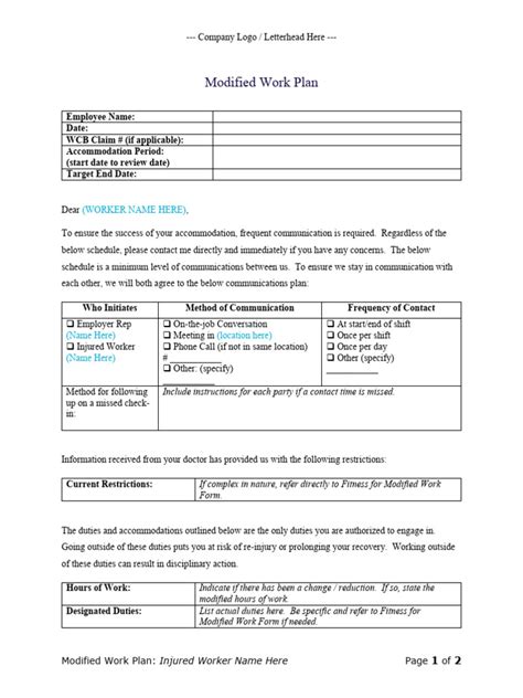 Modified Work Plan Template Pdf Labor Business