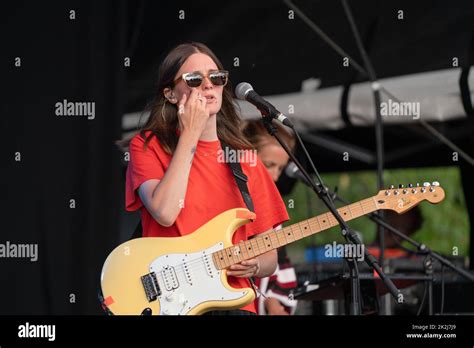 Polly Louise Mackey Of Welsh Band Art School Girlfriend Playing A Fender On Walled Garden Stage