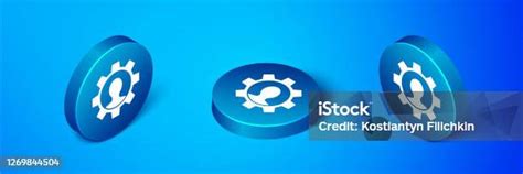 파란색 배경에 격리 된 기어 아이콘이있는 등색 인간 인공 지능 생각 뇌 기호 뇌의 상징 작업 파란색 원 버튼입니다 벡터 3차원