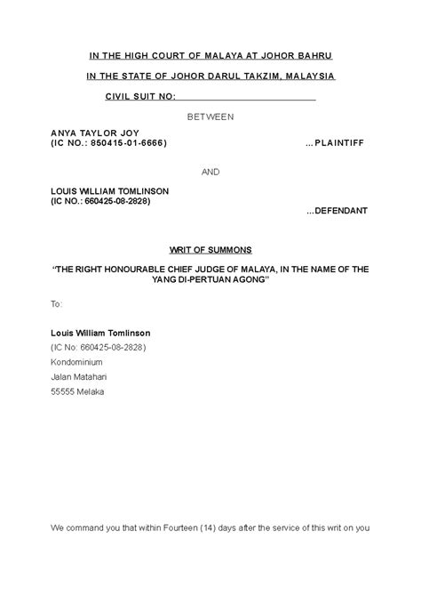 Writ Saman Eng Student In The High Court Of Malaya At Johor Bahru