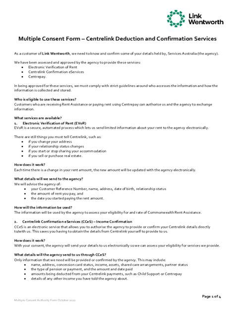Fillable Online Multiple Consent Form Centrelink Deduction And Confirmation Services Fax Email