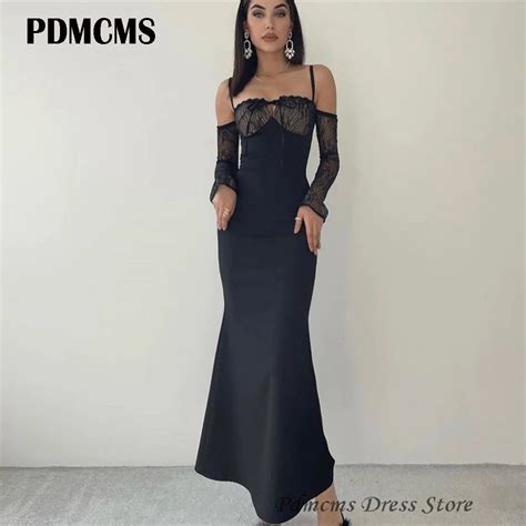 Pdmcms Sexy Spaghetti Straps Mermaid Evening Party Dresses Lace Black