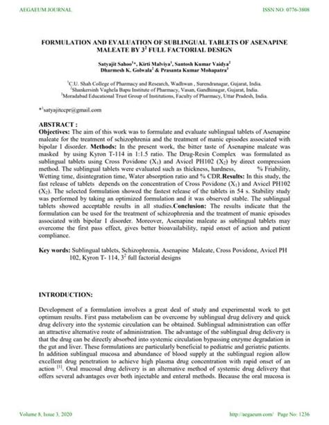 Formulation And Evaluation Of Sublingual Tablets Of Asenapine Maleate