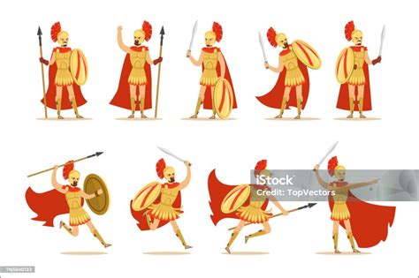스파르타 군인 에 황금 갑옷 과 빨간 케이프 세트 의 벡터 일러스트 레이션 와 그리스 군사 영웅 에 이 싸움 검에 대한 스톡 벡터 아트 및 기타 이미지 Istock
