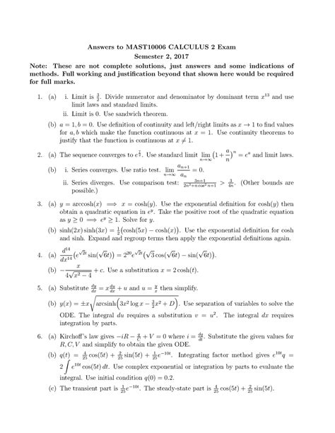 Exam November 2017 Answers Answers To Mast10006 Calculus 2 Exam Semester 2 2017 Note These