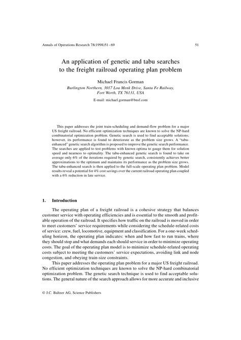 PDF An Application Of Genetic And Tabu Searches To The Freight Railroad Operating Plan Problem