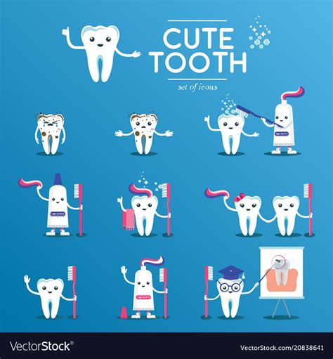 Cute Happy Smiling Tooth Set Royalty Free Vector Image
