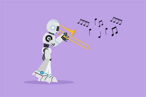 플랫 만화 스타일 그리기 로봇 캐릭터 클래식 음악 이벤트에서 트롬본 관악기를 연주 휴머노이드 로봇 사이버네틱 유기체 미래 로봇
