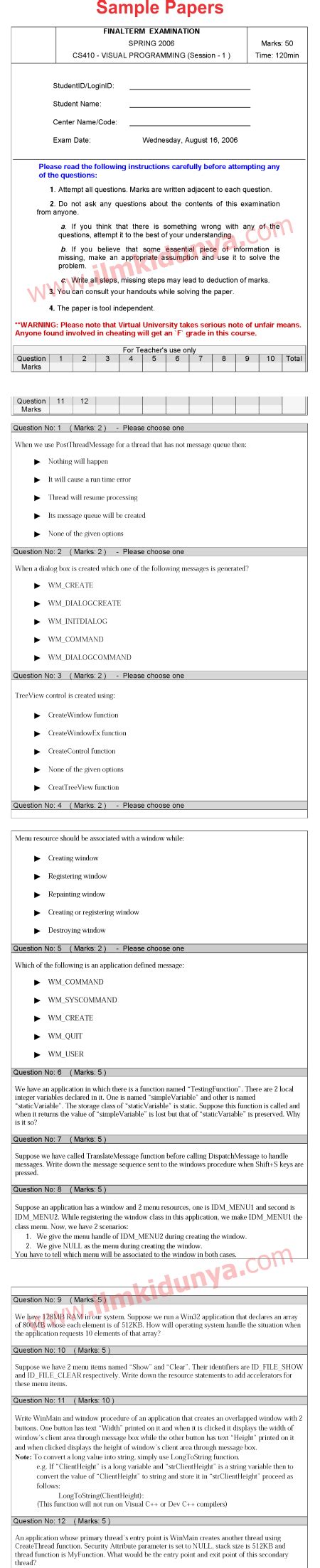 Cs410 Visual Programming Master Of Information Technology Vu University Past Papers 2006 Final