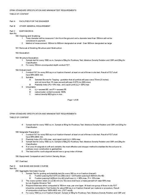 Summary Of Dpwh Standard Specs And Min Test Requirment Pdf Asphalt Road Surface