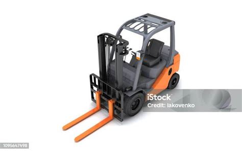 관점 흰색 배경에 고립 왼쪽 유휴 지게차에 위에서 전면 보기 3d 렌더링입니다 지게차에 대한 스톡 사진 및 기타 이미지 지게차 하이 앵글 흰색 배경 Istock