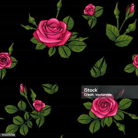 로맨틱 장미 잎 싹과 검은 배경 화면 반복 더 바느질 갭 그림에 꽃과 원활한 패턴 0명에 대한 스톡 벡터 아트 및 기타 이미지