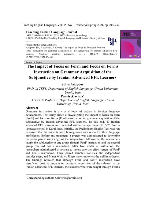 Pdf The Impact Of Focus On Form And Focus On Forms Instruction On Grammar Acquisition Of The