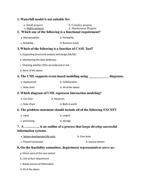 System Analysis And Design Mcq Questions 1 Waterfall Model Is Not Suitable For A Small