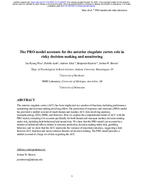 Pdf The Pro Model Accounts For The Anterior Cingulate Cortex Role In Risky Decision Making And