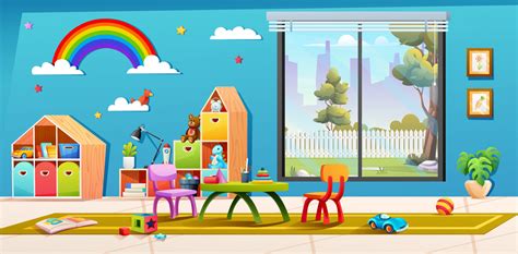 Cartoon Interior Design Of Kindergarten Classroom With Toys And