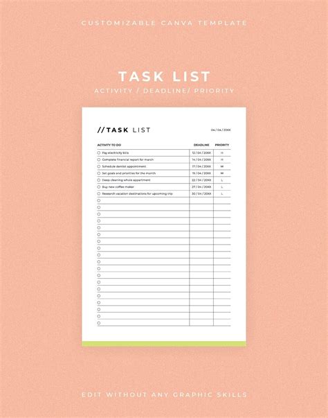Printable Task Checklist Canva Template Printable To Do List Task