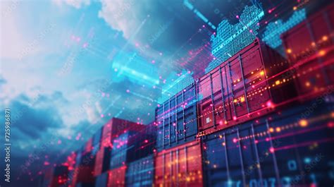 The Concept Of Containerization Visualized By Cargo Containers With Cloud And Devops Symbols
