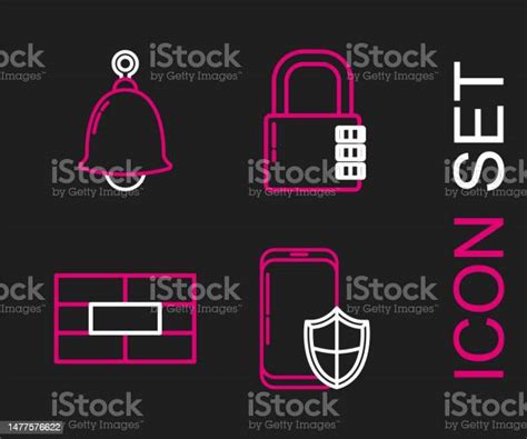 보안 방패 벽돌 안전 조합 잠금 장치 및 울리는 벨 아이콘이있는 스마트 폰을 설정하십시오 벡터 강철에 대한 스톡 벡터 아트 및 기타 이미지 Istock