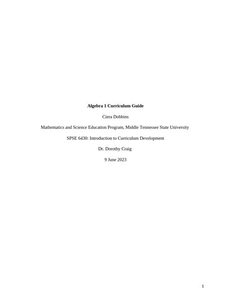 Algebra 1 Curriculum Guide Final Project Pdf Equations Curriculum