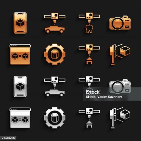 3d 프린터 설정 사진 카메라 큐브가 있는 스캐너 집 완벽한 사본 치아 소프트웨어 및 자동차 아이콘을 설정합니다 벡터 0명에 대한 스톡 벡터 아트 및 기타 이미지 Istock
