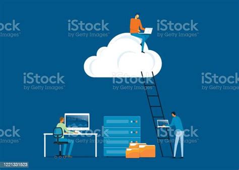 플랫 벡터 비즈니스 기술 스토리지 클라우드 컴퓨팅 서비스 개념 개발자 팀 작업 및 클라우드에서 작업 하는 사람 감시에 대한 스톡 벡터 아트 및 기타 이미지 istock