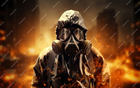 Человек в костюме химической защиты от радиации с радиоактивным ...