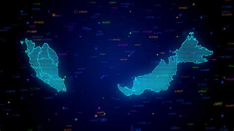 미래 지향적인 파란색 다채로운 반짝이는 디지털 기술 Hud Dots 모자이크 그리드 말레이시아 지도 별도의 지역 숫자 기술로 빛 스캐닝 지도에 대한 스톡 벡터 아트 및 기타