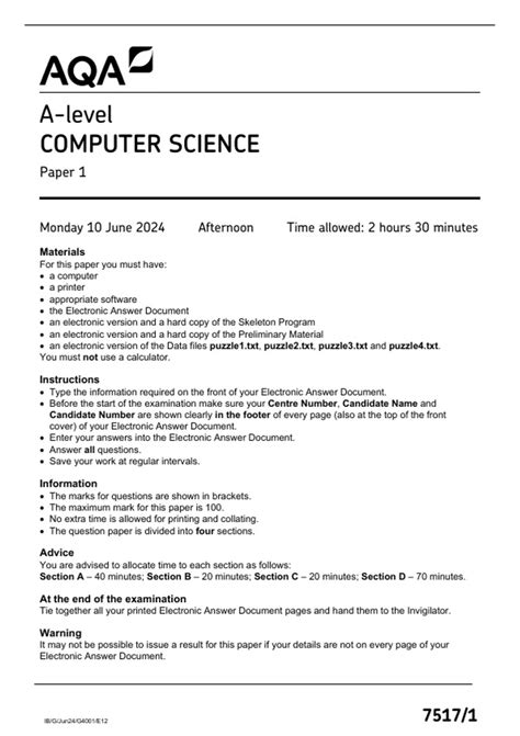 Aqa A Level Computer Science Paper 1 2024 All Questions Paper 1 Stuvia Uk