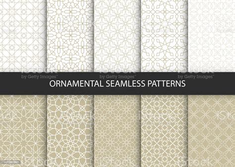 10 동양 패턴의 컬렉션입니다 아랍어 장식품이 있는 흰색과 금색 배경 패턴 배경 및 디자인을위한 배경 화면 섬유 장식 벡터 그림입니다 0명에 대한 스톡 벡터 아트 및 기타