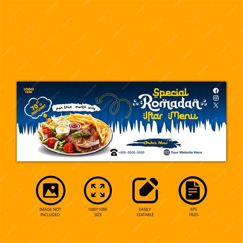 라마단 이프타르 메뉴 음식 디자인 및 소셜 미디어 배너 템플릿 프리미엄 벡터