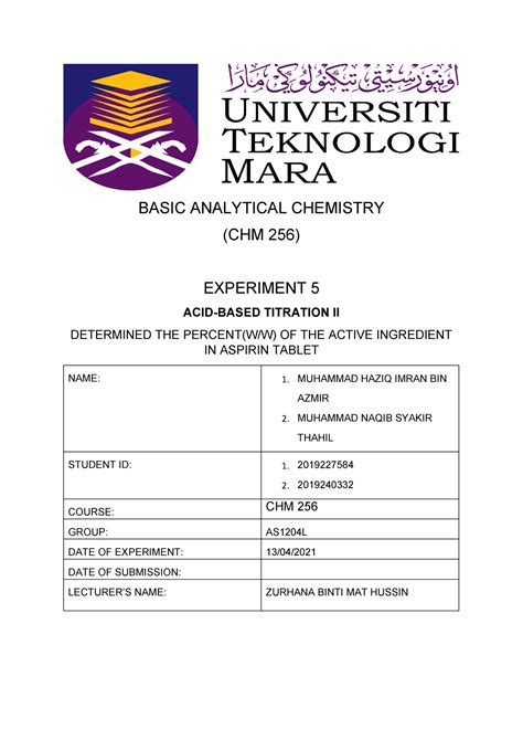 LAB Report CHM PDF Lab BASIC ANALYTICAL CHEMISTRY CHM EXPERIMENT ACID BASED