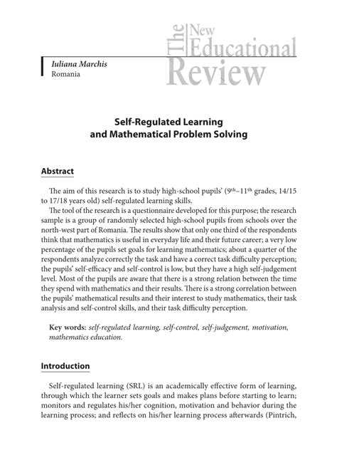 pdf self regulated learning and mathematical problem solving