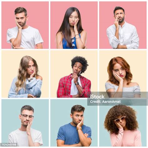 젊은 여자와 남자의 그룹의 콜라주 화려한 고립 된 배경 생각 피곤 하 고 교차 하는 팔과 우울증 문제에 지루해 보고 게으름에 대한 스톡 사진 및 기타 이미지 Istock